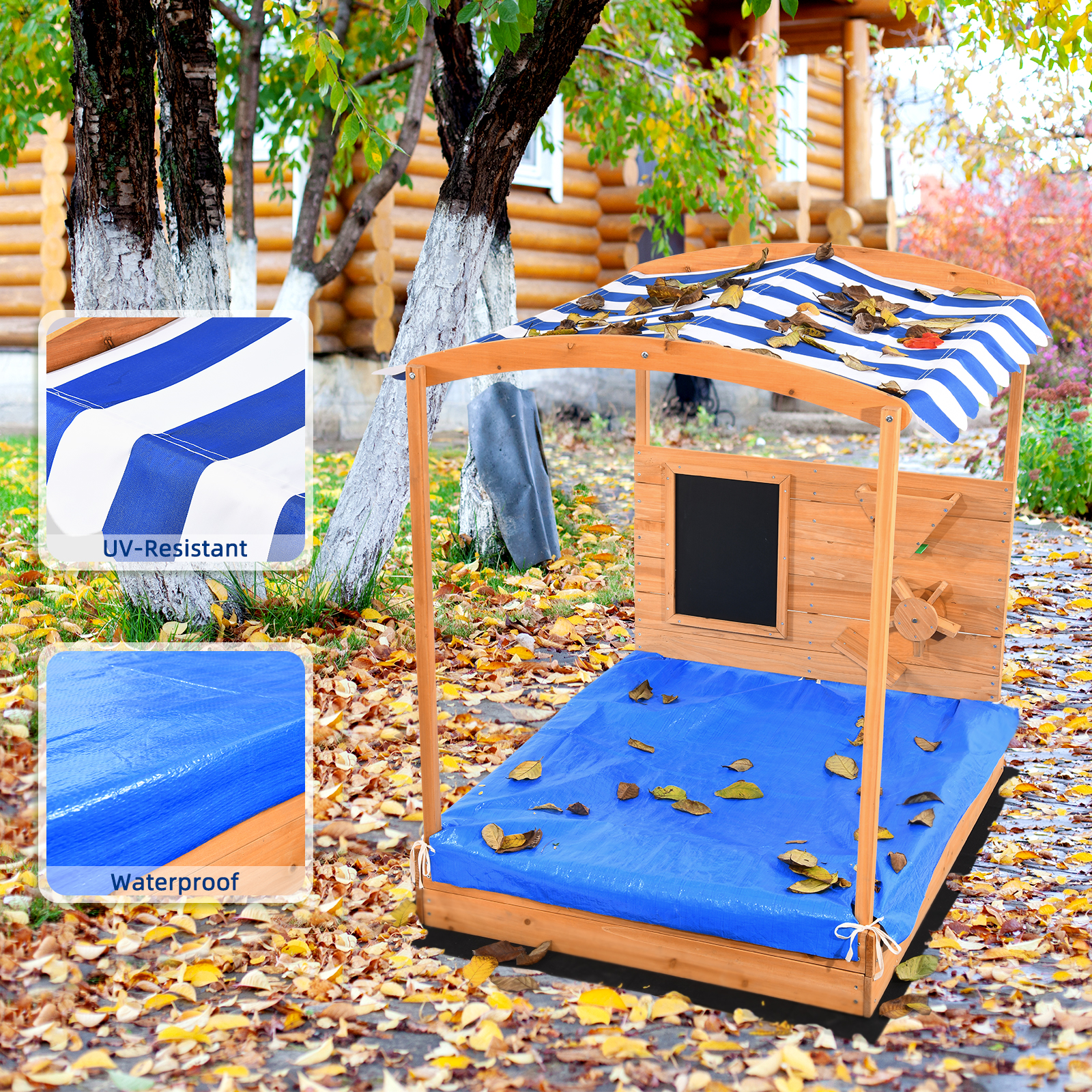 Jugader Wooden Sandbox with Cover, Canopy, Blackboard, Sand Funnel and ...